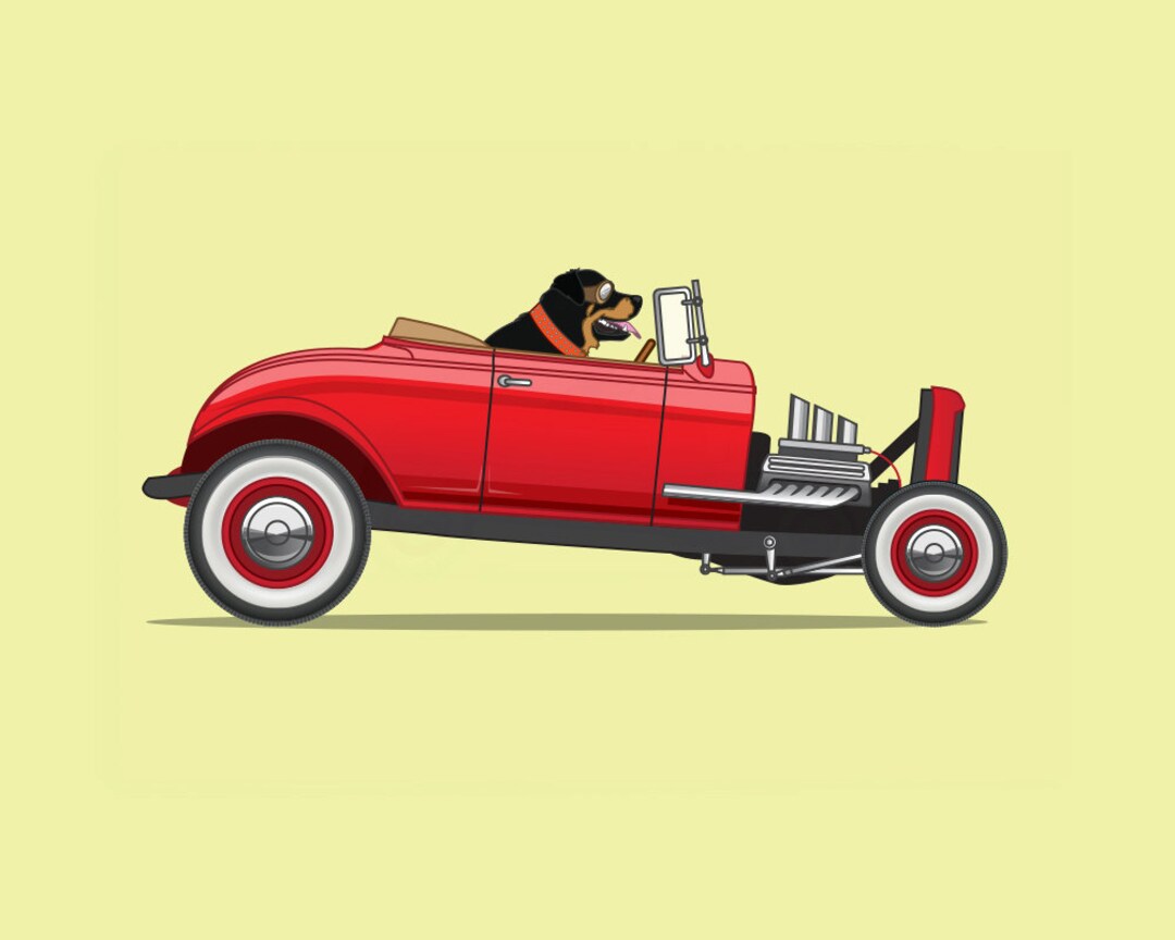 Rottweiler Driving His Hotrod Henry the Hotrodding Rotti Art Print Red ...