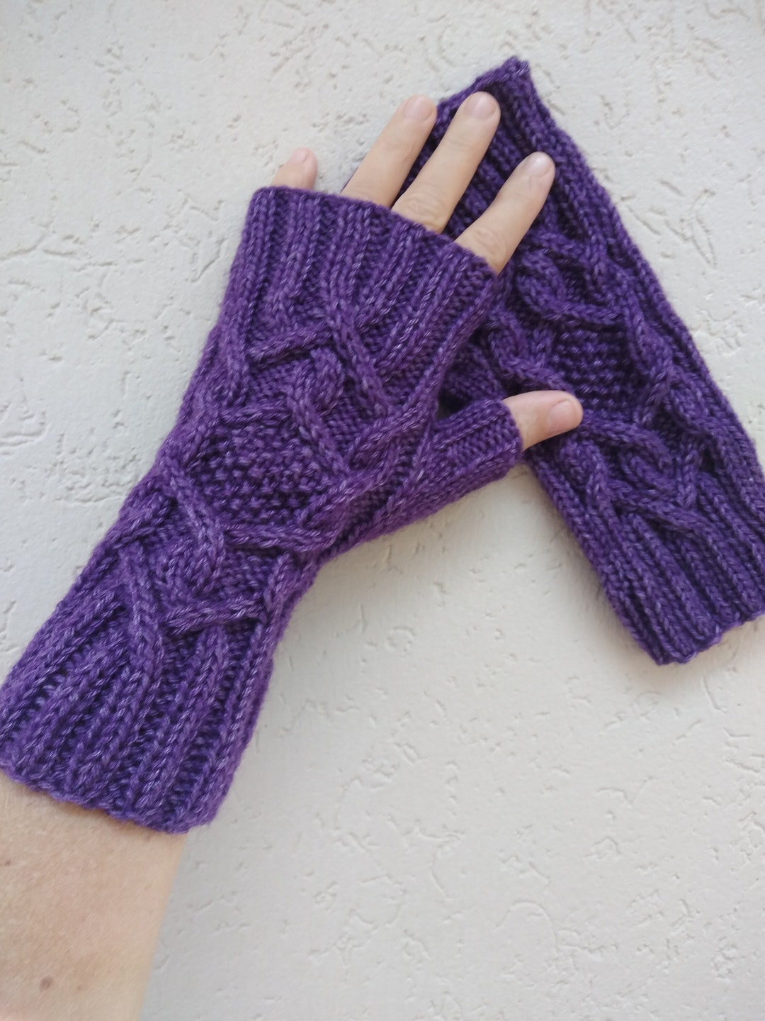 Cabled Silk Merino Fingerless Gloves: Purple Cable Knit Mittens, Hand ...