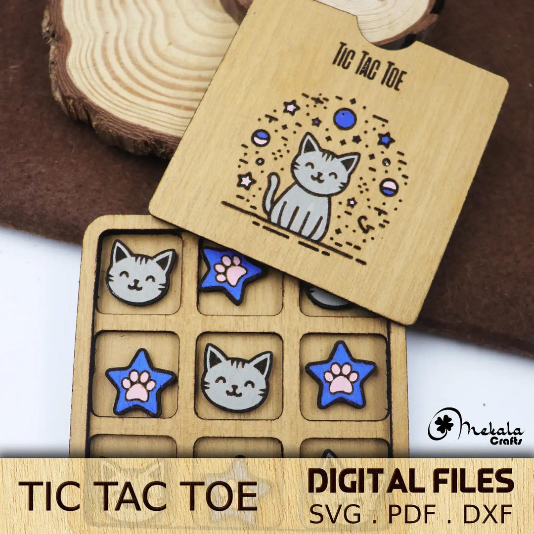 Tic Tac Toe Wooden Game | Cat and Stars | Svg Pdf Dxf Laser Cut Files ...