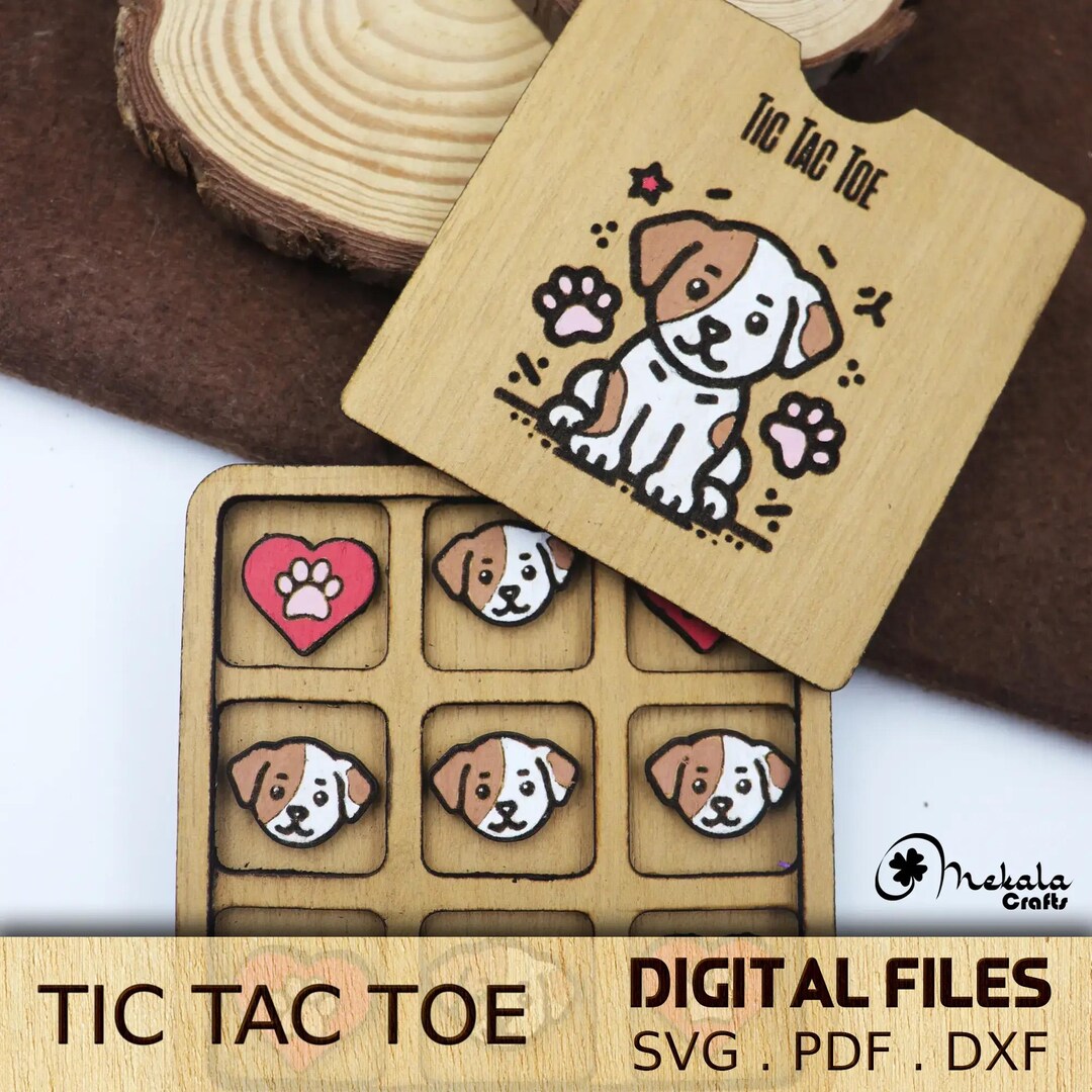 Wooden Tic Tac Toe Game | Dog Puppy and Hearts | Svg Pdf Dxf Laser Cut ...