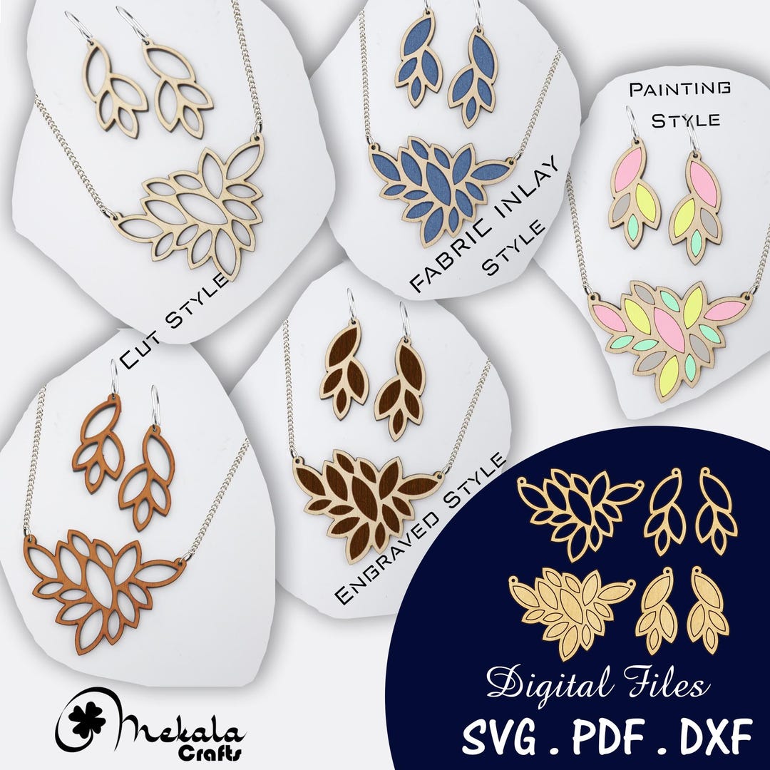 Laser Cut Geometric Leaf Jewelry Set Files: Earrings & Necklace (SVG ...
