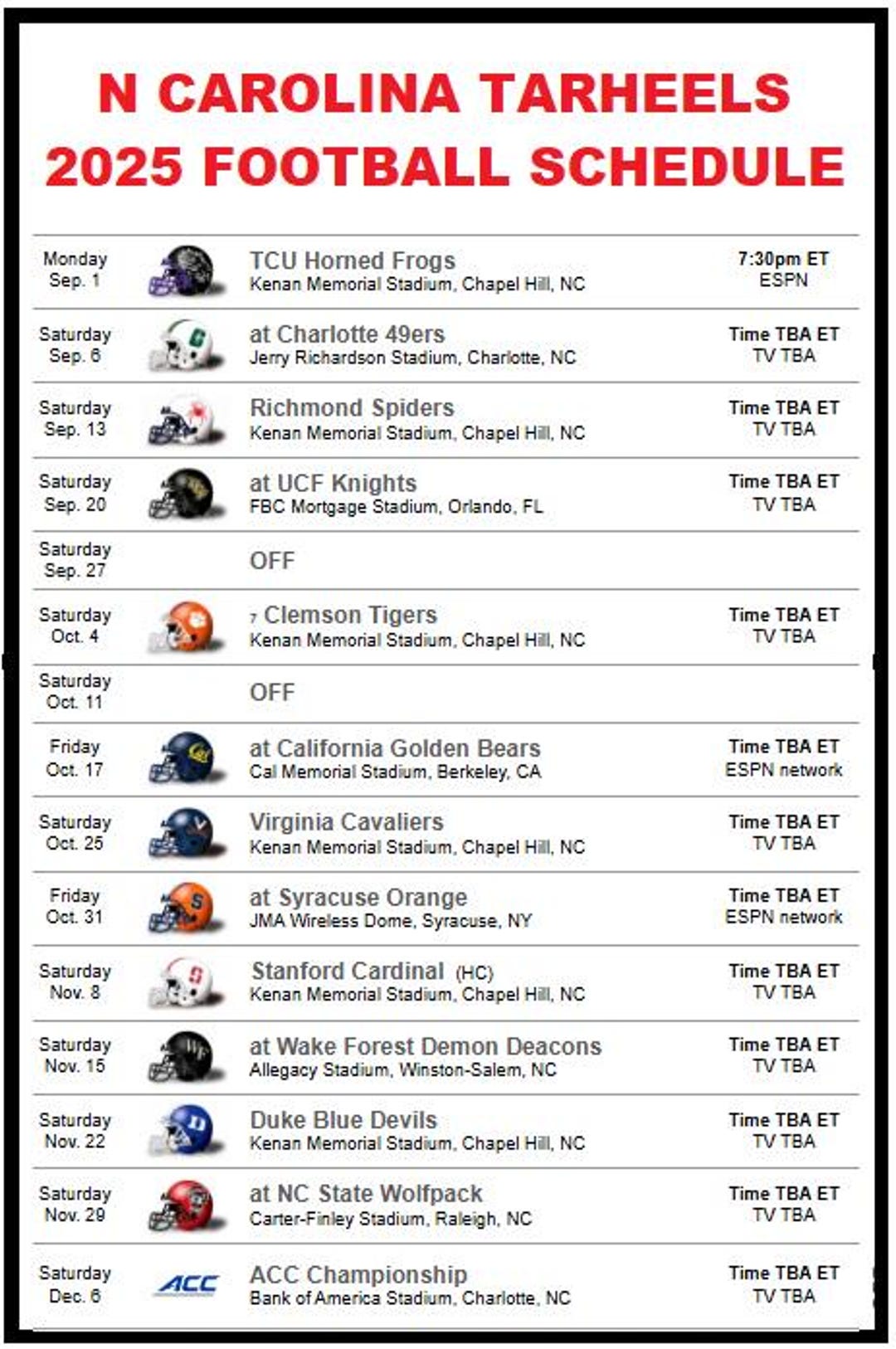 S10 2025 North Carolina Tarheels College Football Schedule Refrigerator ...