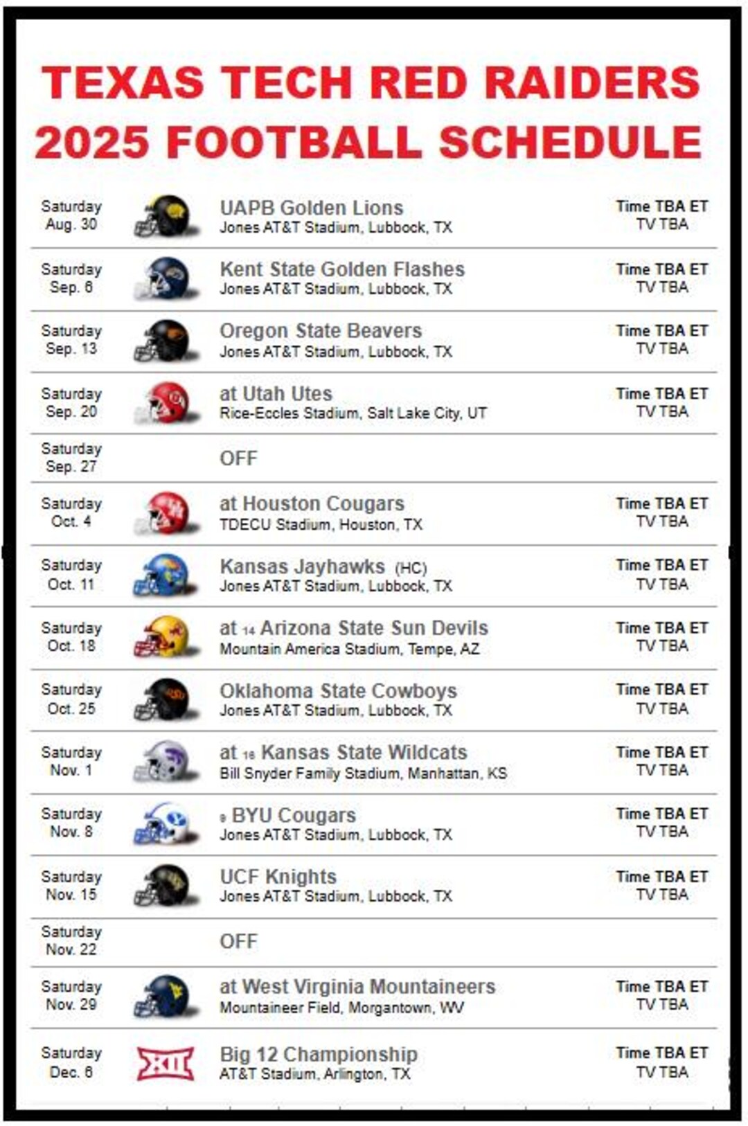 S36 2025 Texas Tech Red Raiders College Football Schedule Refrigerator ...