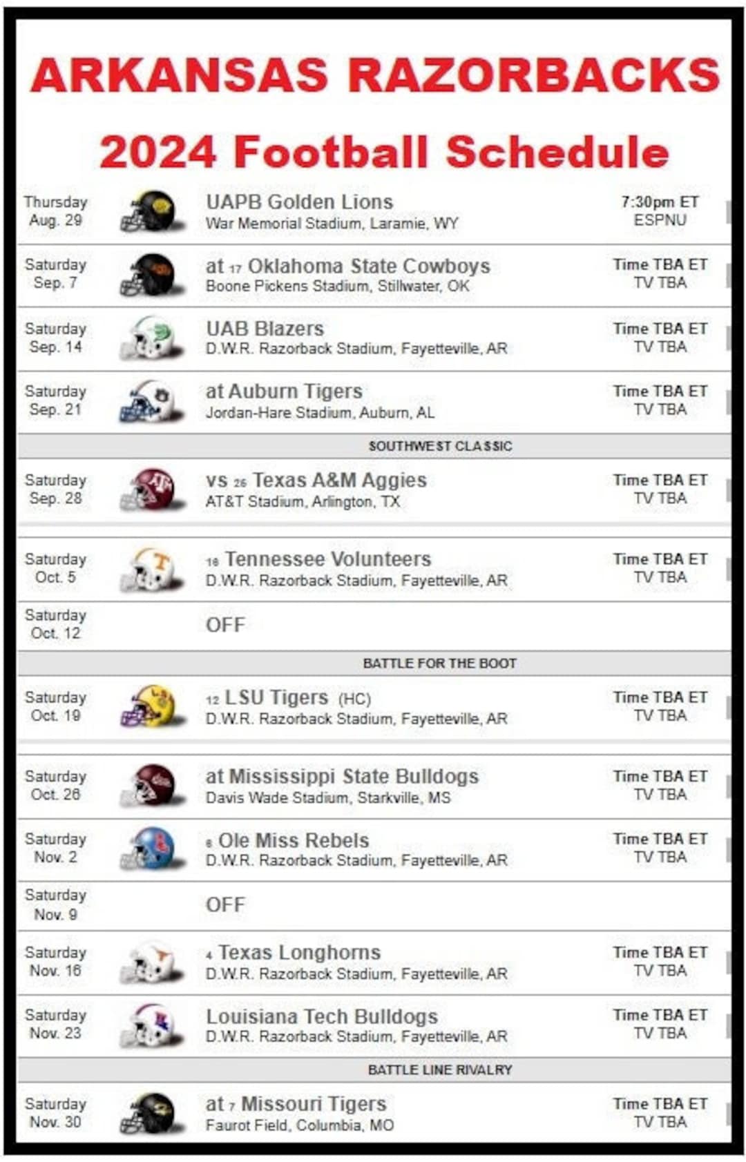 2024 Arkansas Razorbacks College Football Schedule Refrigerator Magnet ...