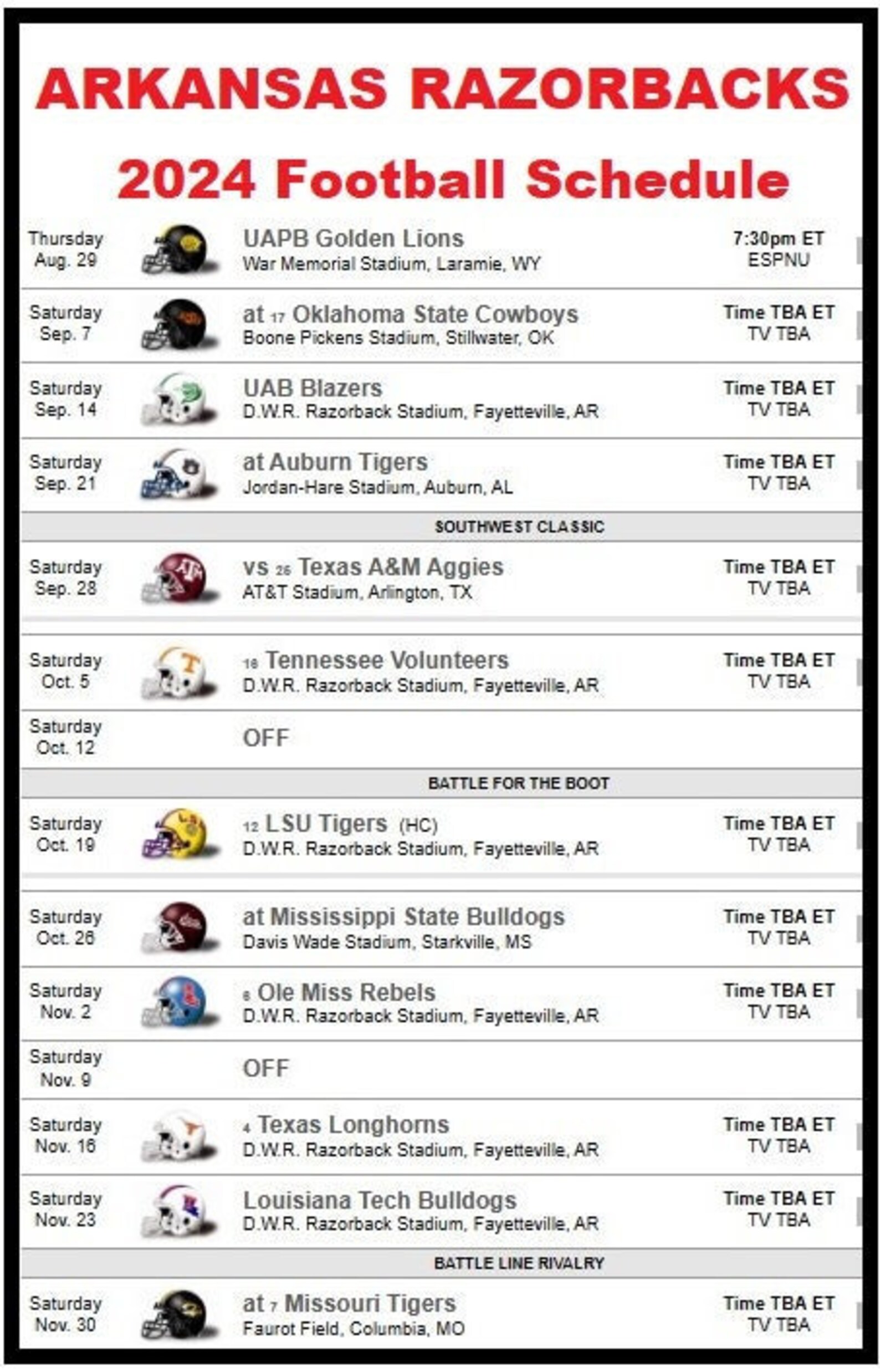 2024 Arkansas Razorbacks College Football Schedule Refrigerator Magnet ...