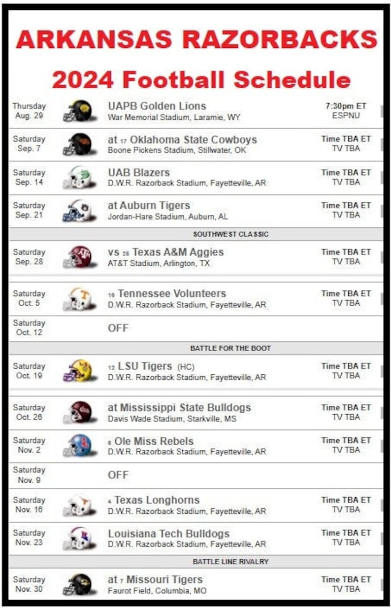2024 Arkansas Razorbacks College Football Schedule Refrigerator Magnet ...