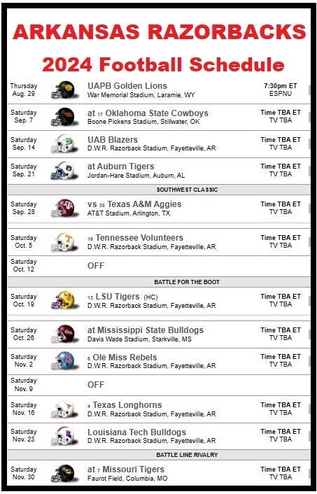 2024 Arkansas Razorbacks College Football Schedule Refrigerator Magnet ...