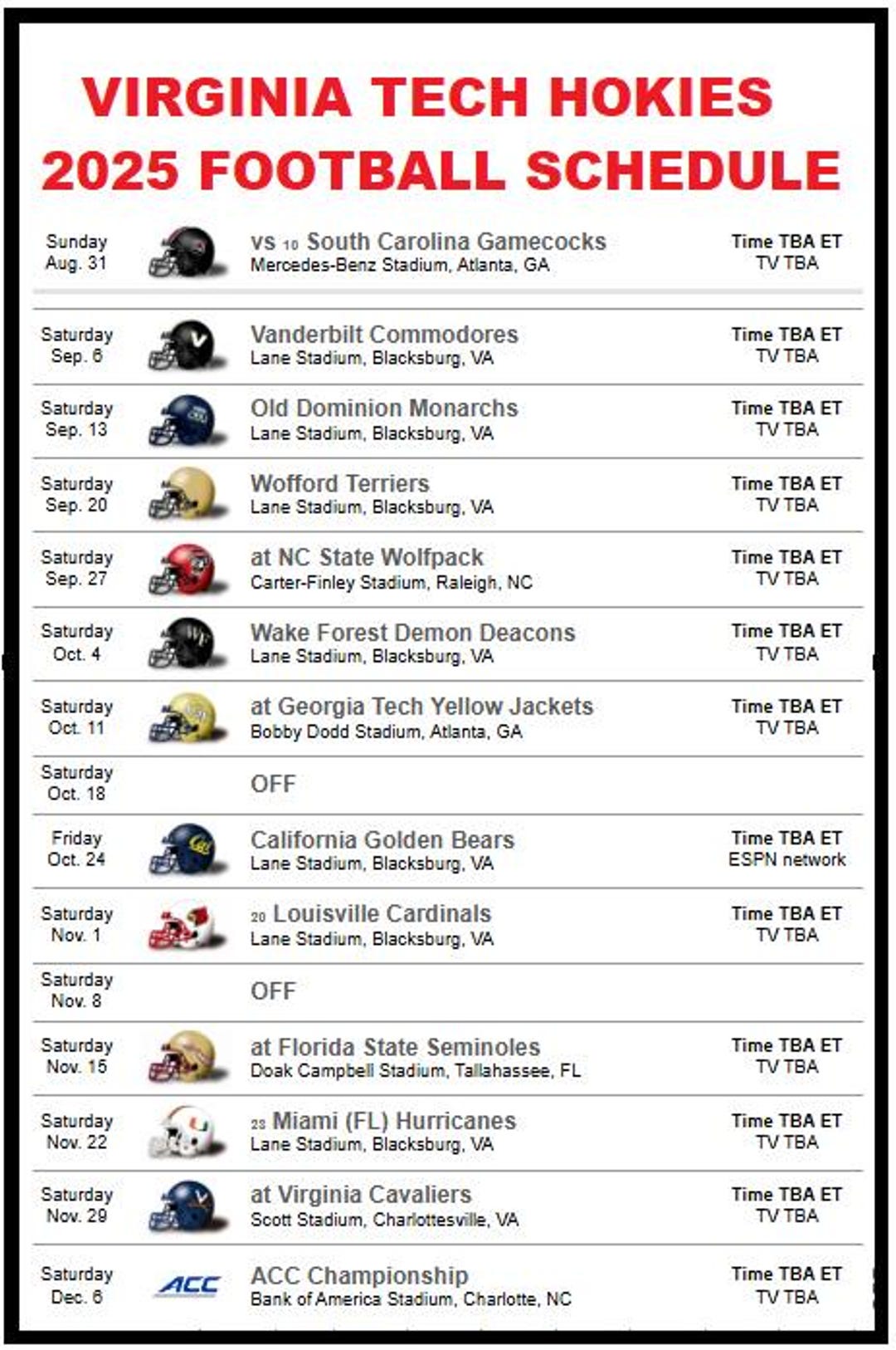 S19 2025 Virginia Tech Hokies College Football Schedule Refrigerator ...