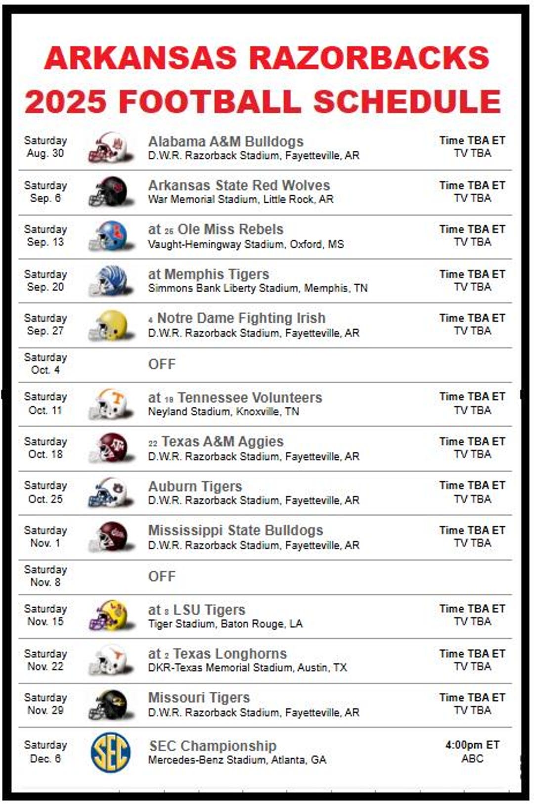 S78 2025 Arkansas Razorbacks College Football Schedule Refrigerator ...