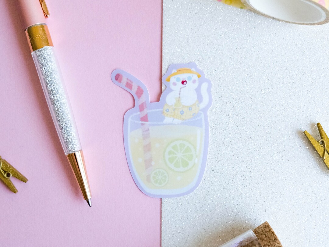 Sticker Water Resistant White Cat Lemonade Ready for Summer and Beach ...