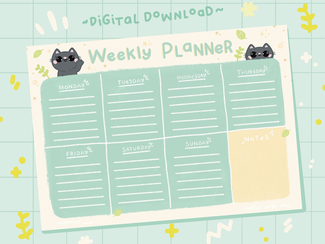 Weekly Planner Printable Cute With Cat A4 Sheet to Download - Etsy