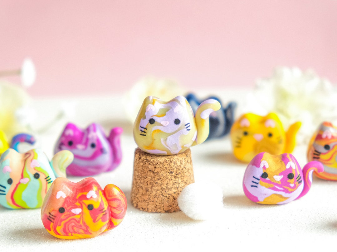 Hand Painted Colorful Polymer Clay Cute Cat Figurine / Pawket for Your ...