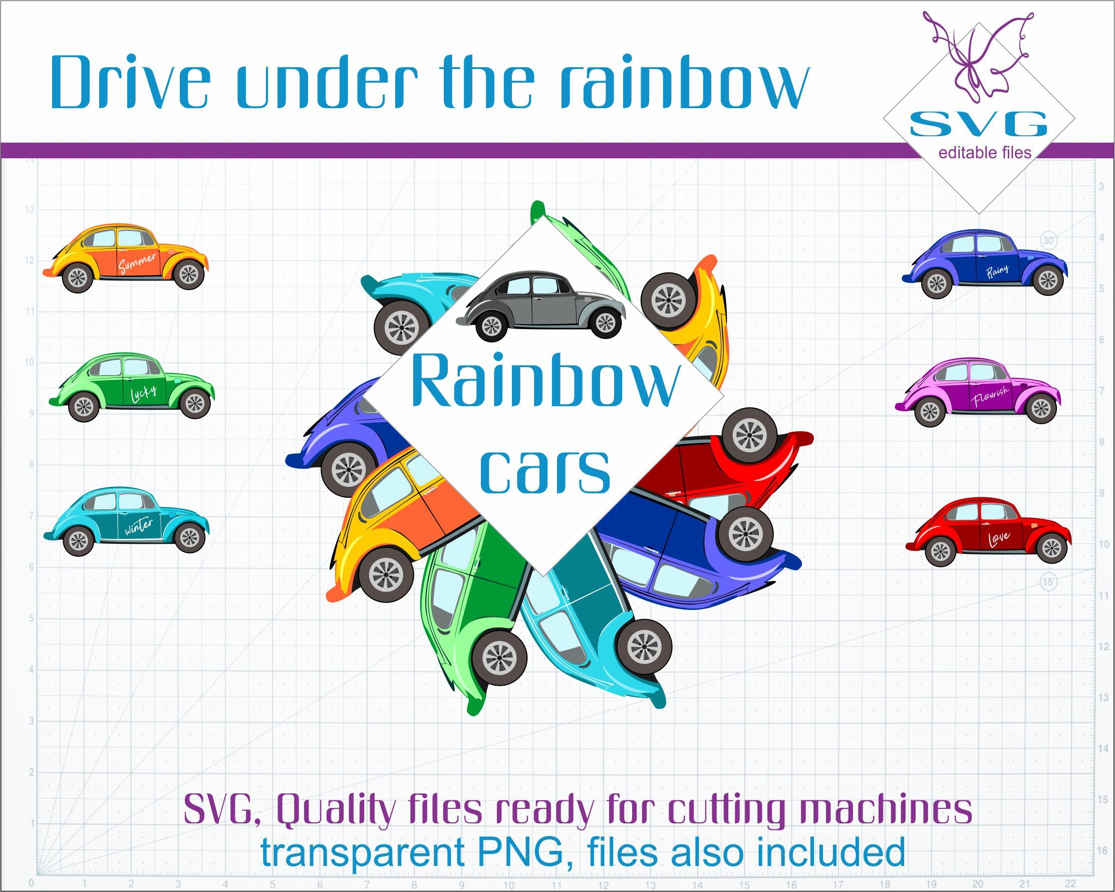 Rainbow Car SVG Clipart, Vector Car Clip Art, Cars SVG File, Colorful ...