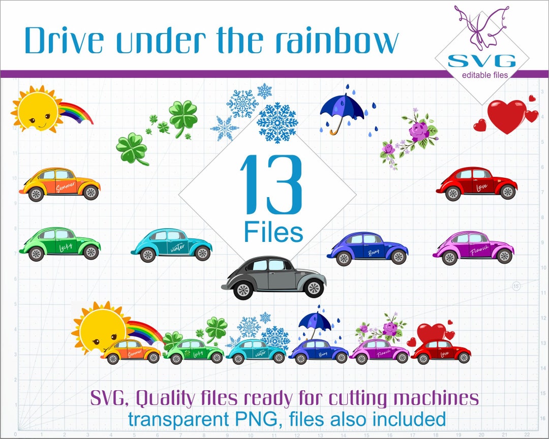 Rainbow Car SVG Clipart, Vector Car Clip Art, Cars SVG File, Colorful ...