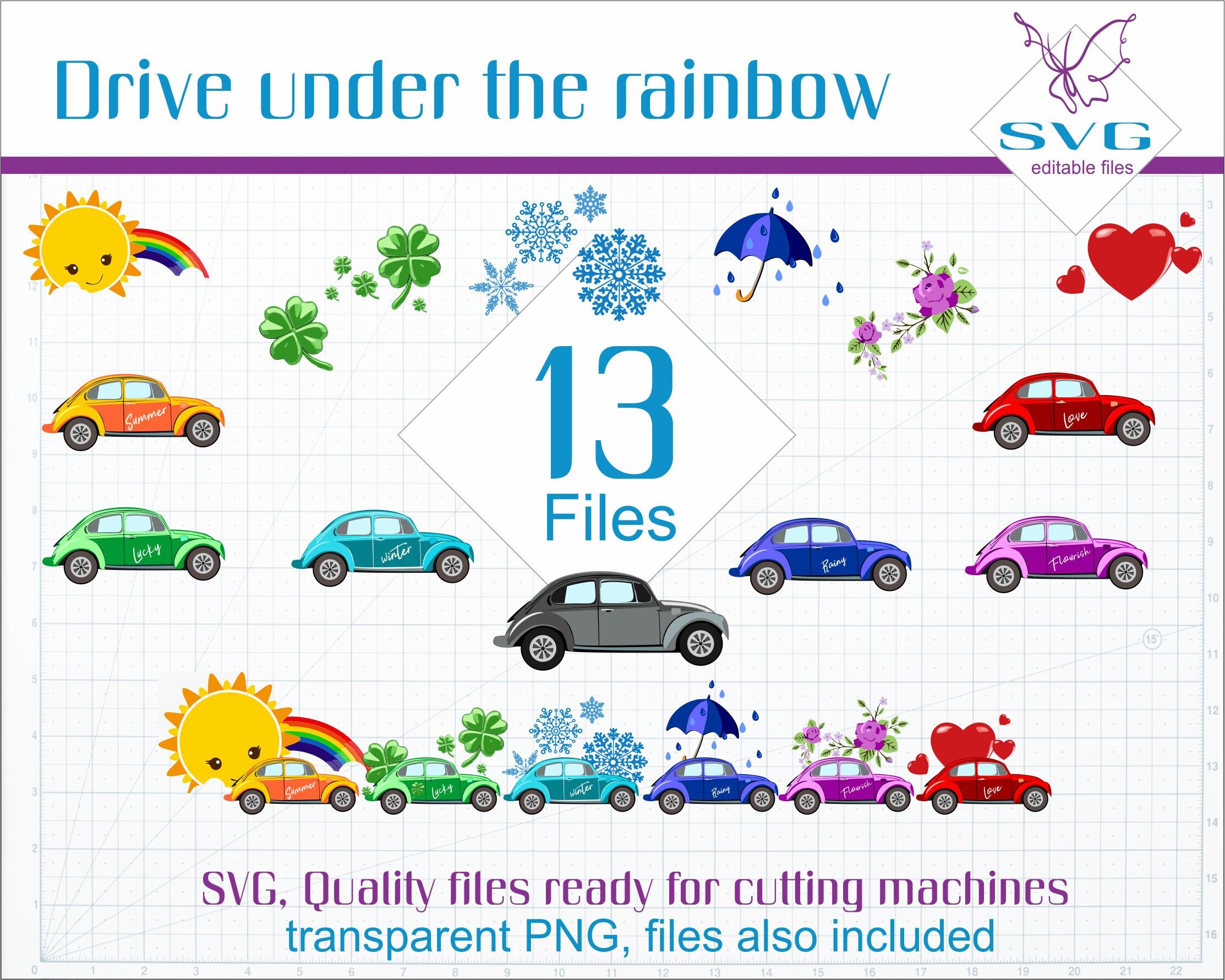 Rainbow Car SVG Clipart, Vector Car Clip Art, Cars SVG File, Colorful ...