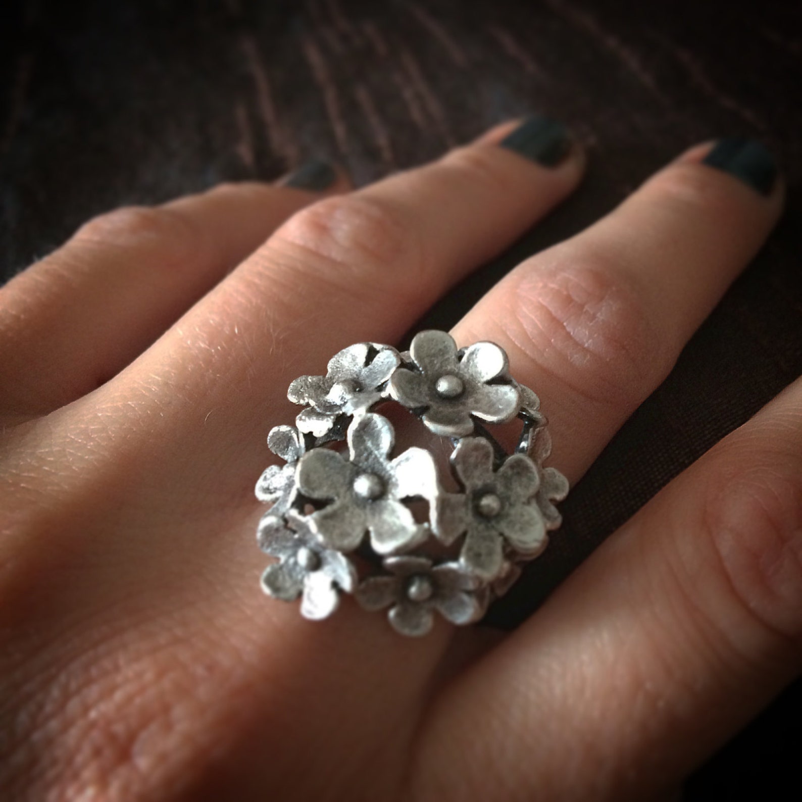 Flower Power Ring, Bouquet Ring, Dome Zamak Silver Plated, Hippy ...