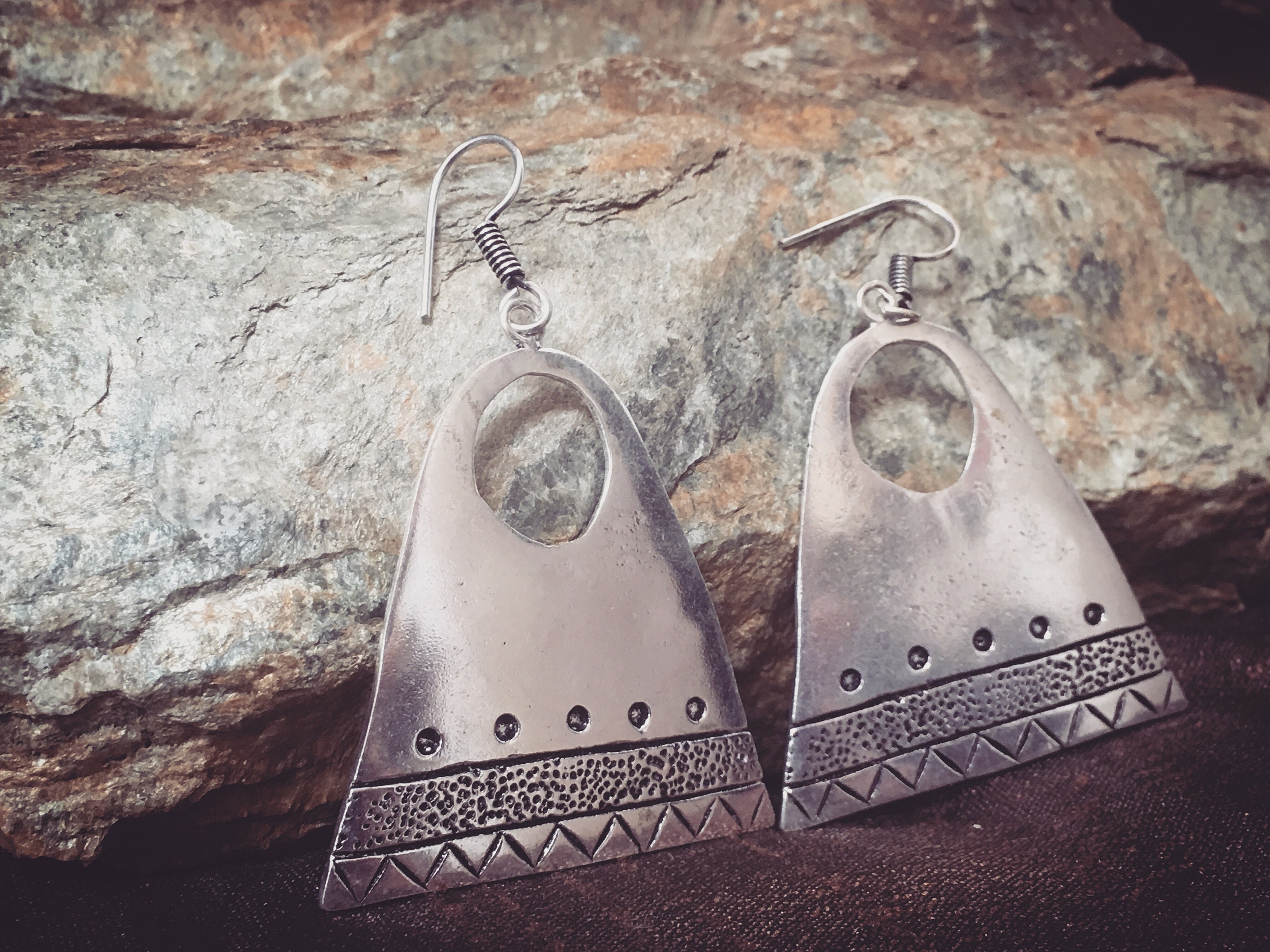 Native hand carved tribal triangle hook earrings, silver plated