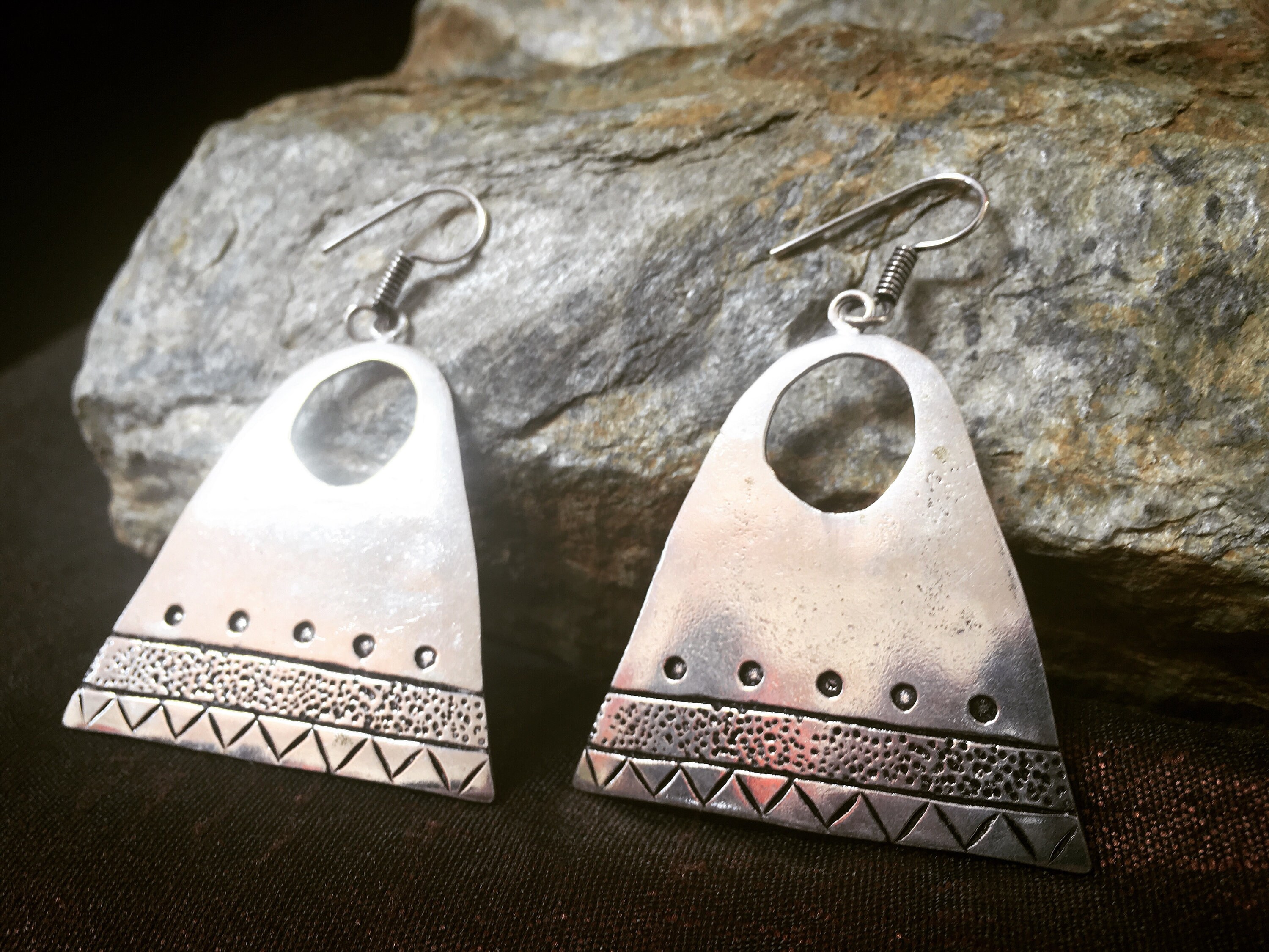 Native hand carved tribal triangle hook earrings, silver plated