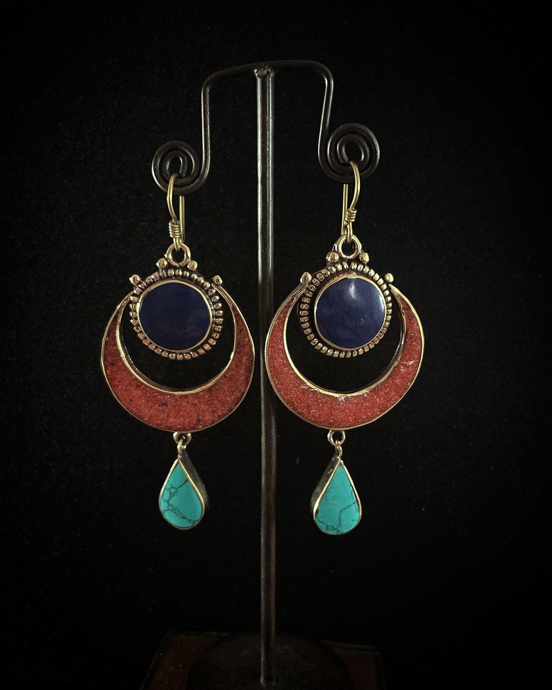 Shiva Red Moon Long Brass Earrings With Lapis Turquoise and Coral Paste ...