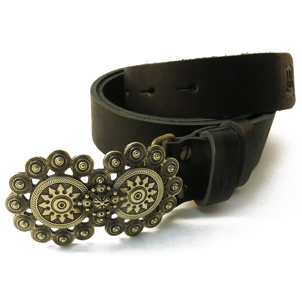 Leather Belt With Handmade Brass Buckle Double Sun, Pagan Decorative ...