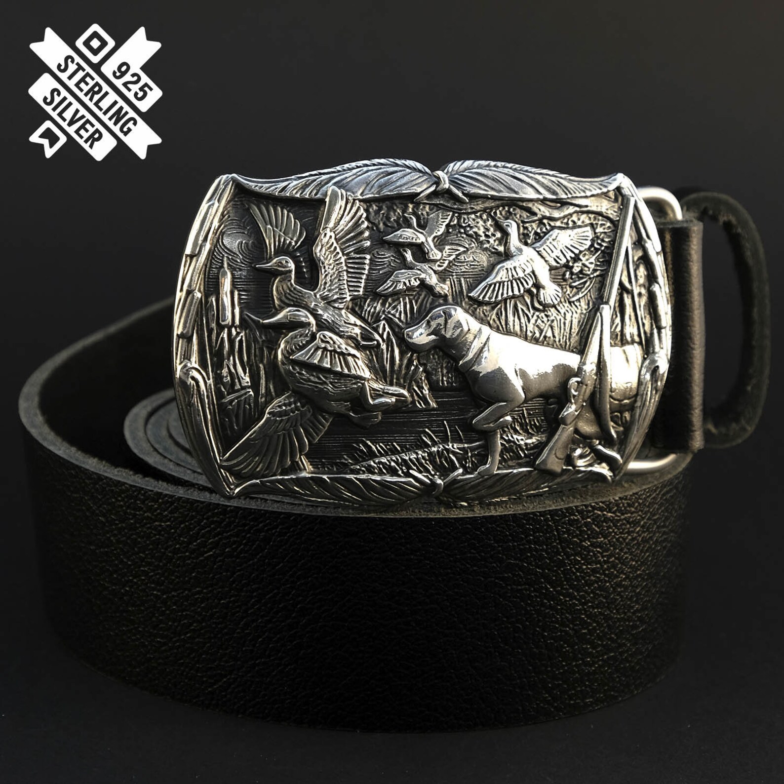 Duck Hunting Belt Buckle, Duck Hunting Season With Greyhounds Solid 925 ...