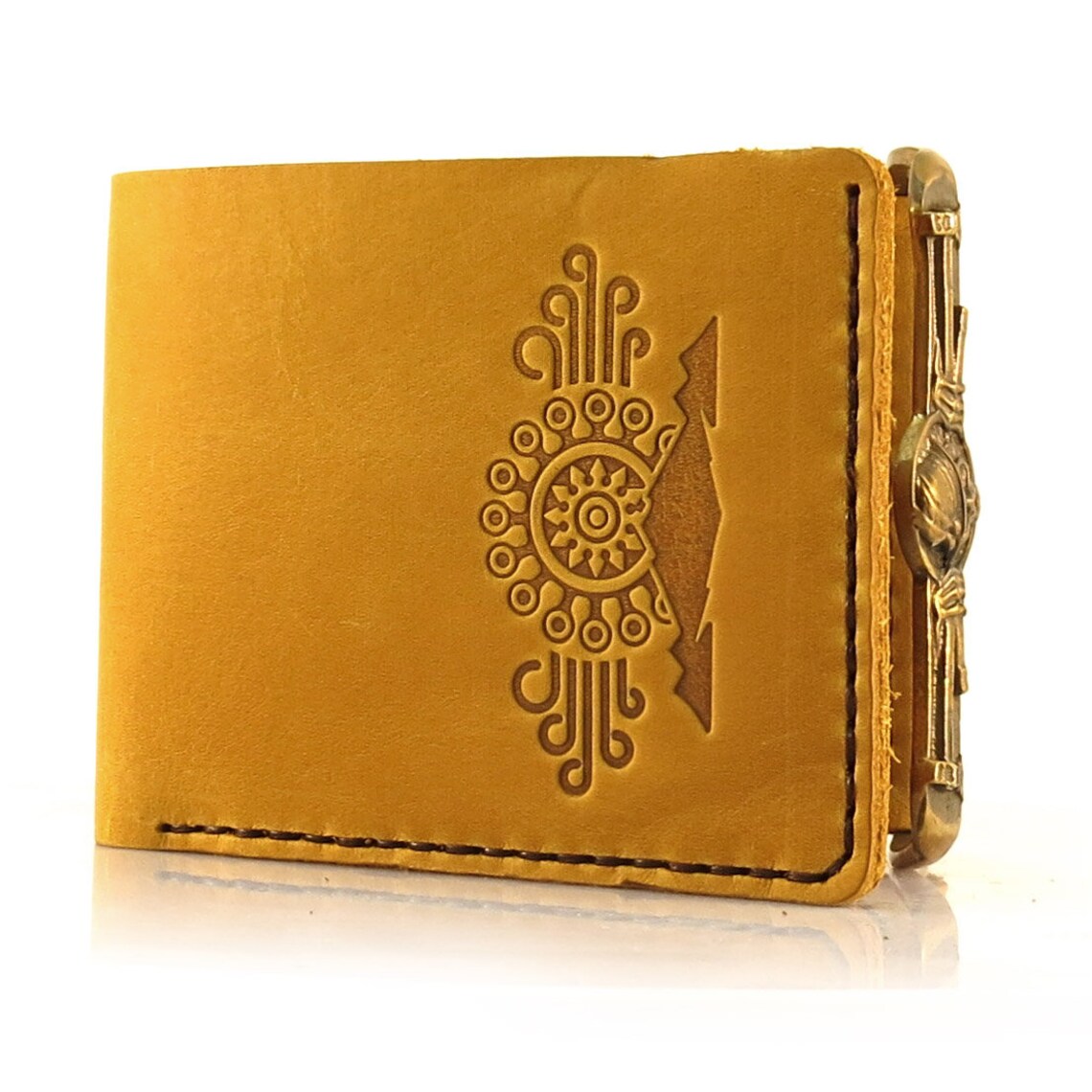 Minimalist leather wallet Crazy Skull with brass frame | Etsy