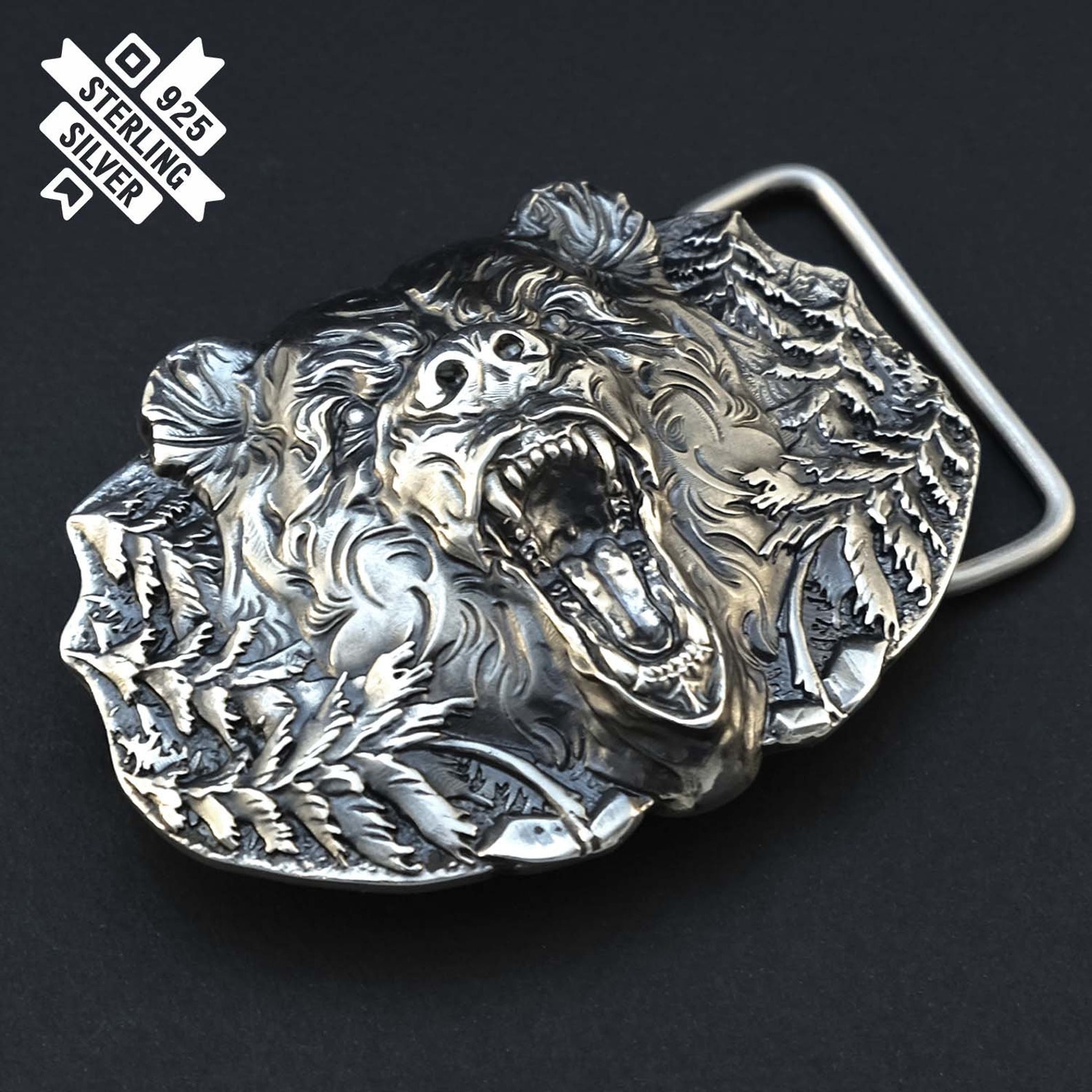 Grizzly Bear Belt Buckle, Wild North American Brown Bear Solid 925 ...