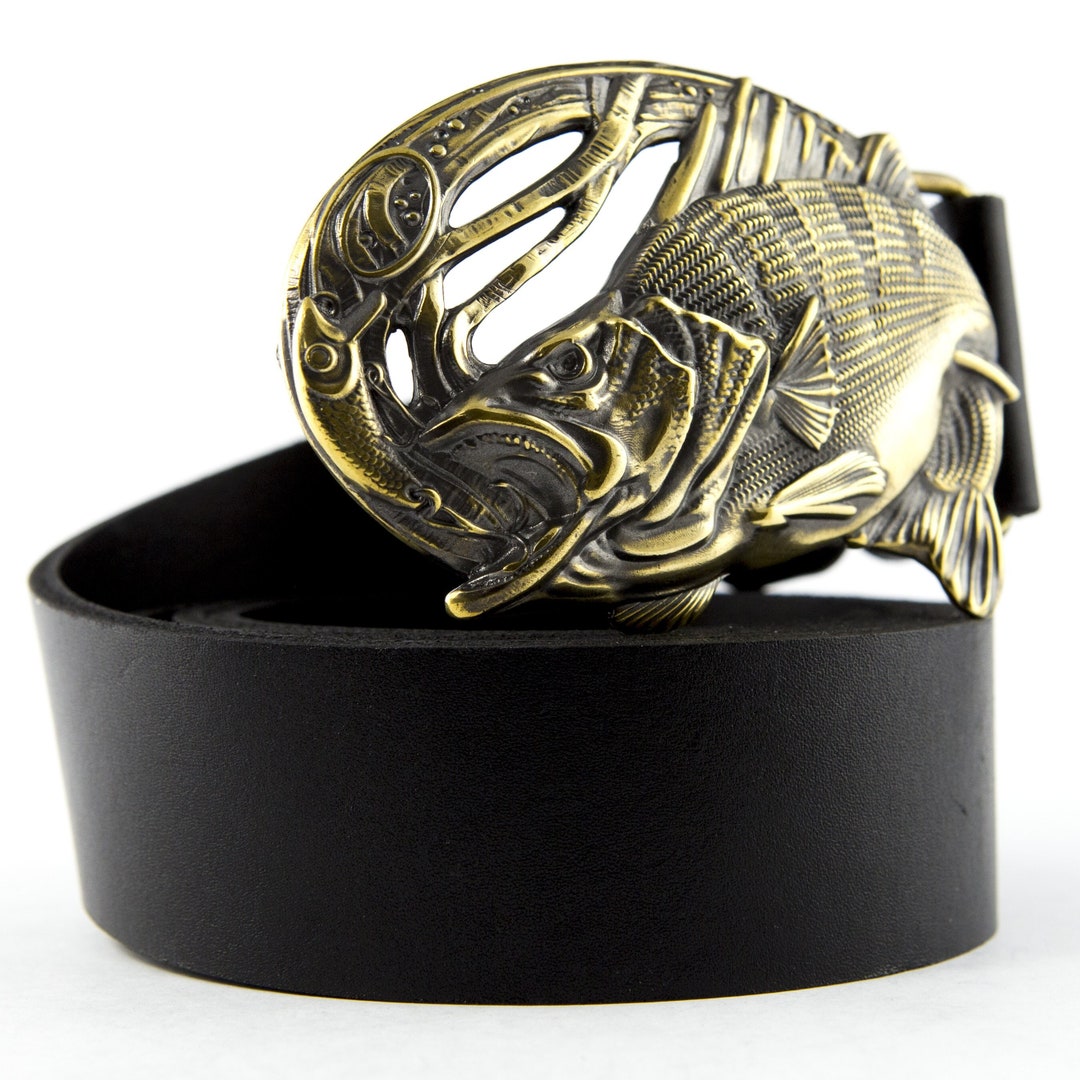 Leather Belt With Bass Fishing Buckle, Perch Angler Gift Trophy Bass ...