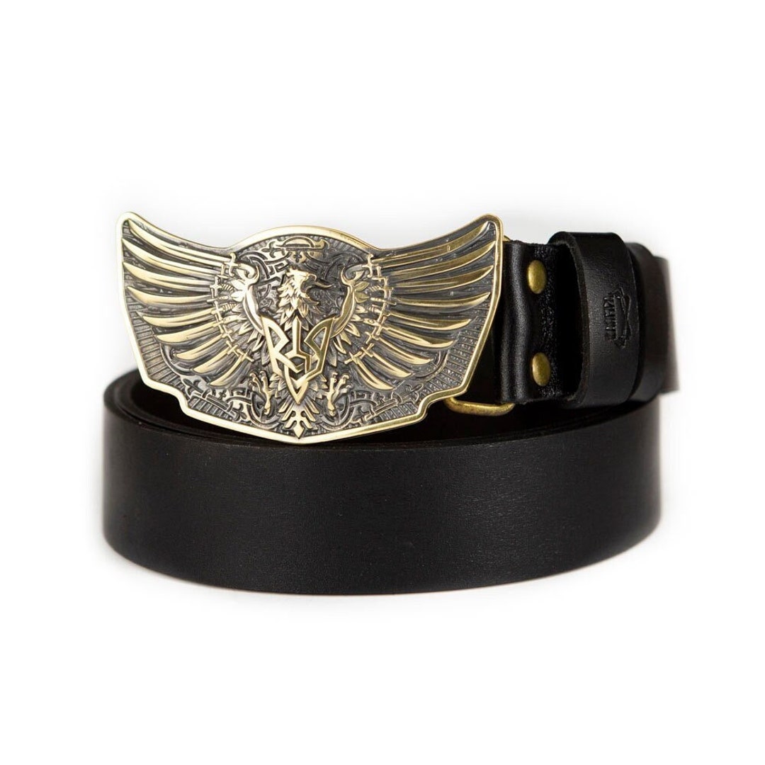 Leather Belt With Eagle With Sword Solid Belt Buckle, Handmade Heraldic ...