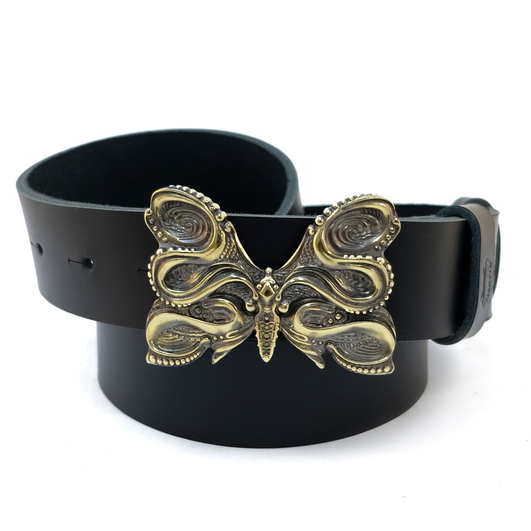 Leather Belt With Brass Buckle Butterfly, Handmade Decorative Insect ...