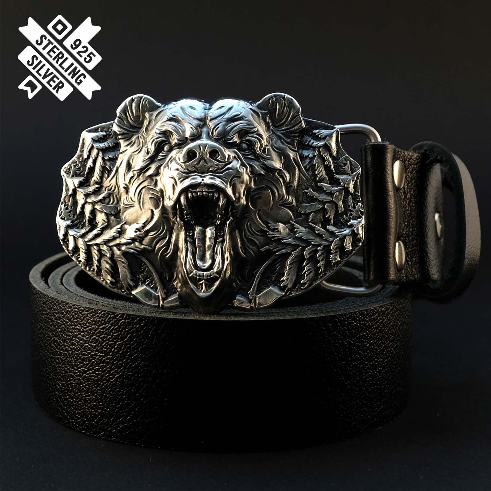 Grizzly Bear Belt Buckle, Wild North American Brown Bear Solid 925 ...