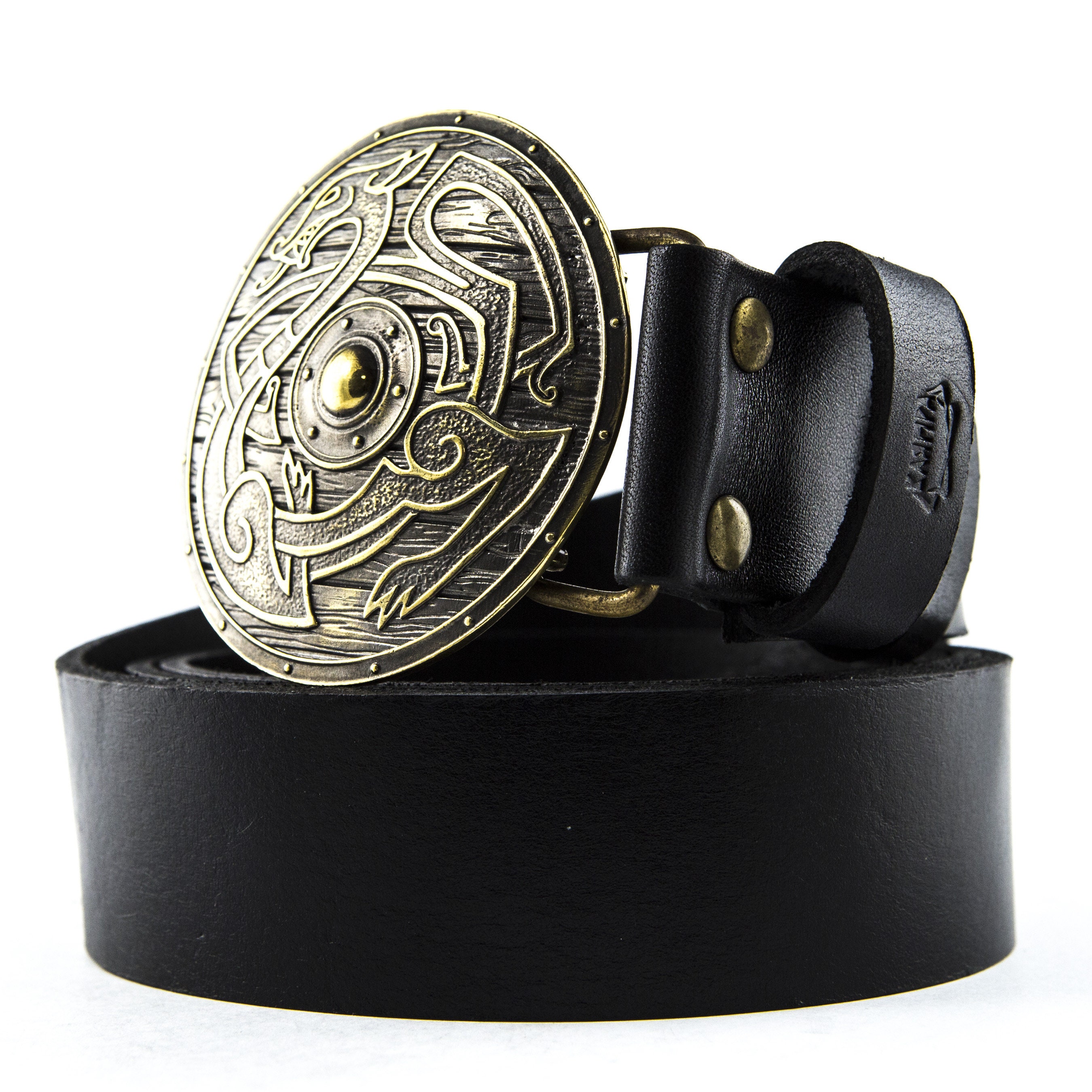 Leather Belt With Solid Buckle Viking Shield, Old North Leather Belt With Solid Buckle Viking Shield, Old North