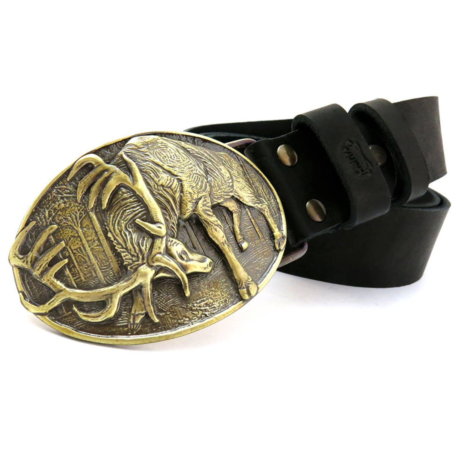 Leather Belt With Solid Brass Buckle Deer Hunting Hunter - Etsy