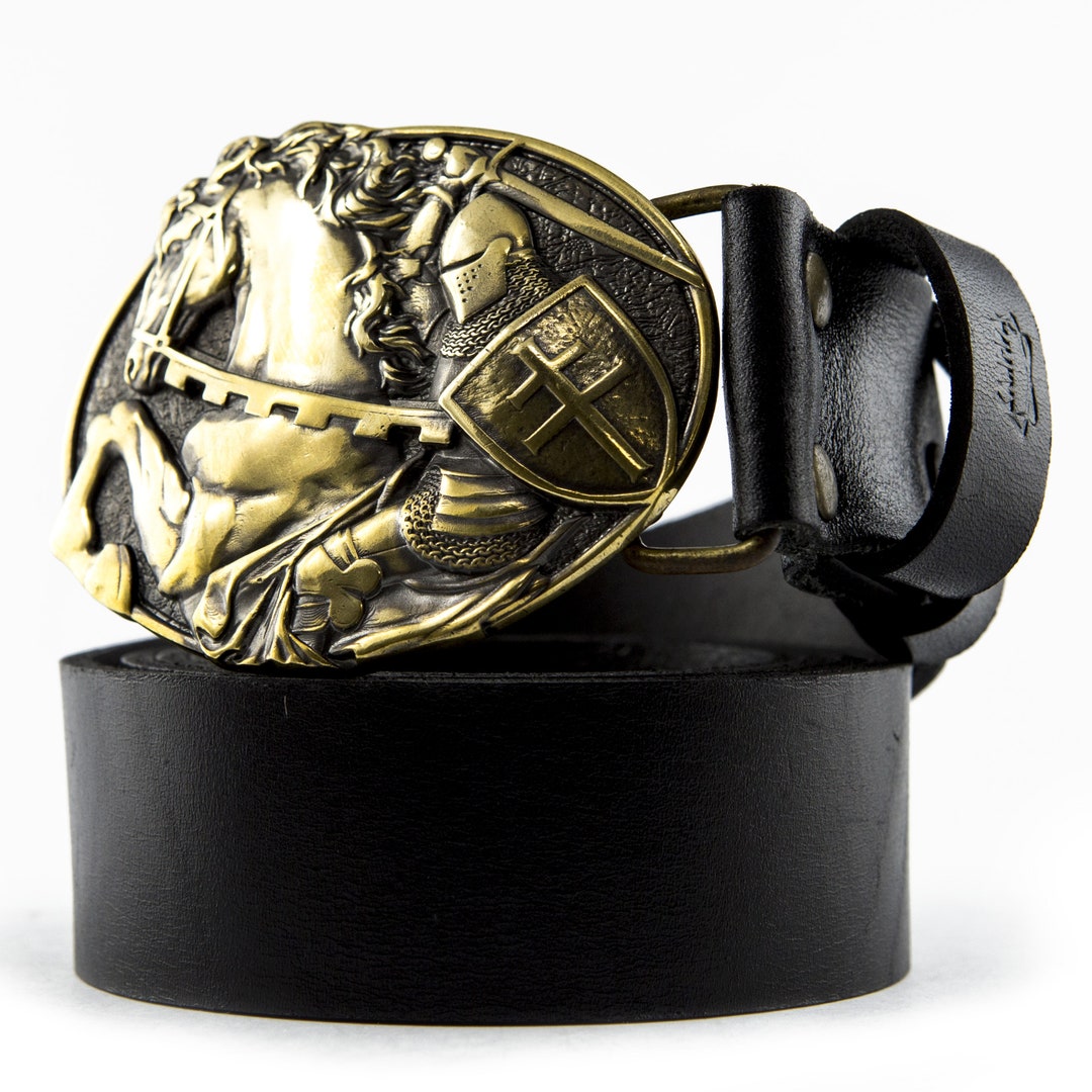 Leather Belt With Solid Buckle Fighting Knight, Medieval Military Brass ...