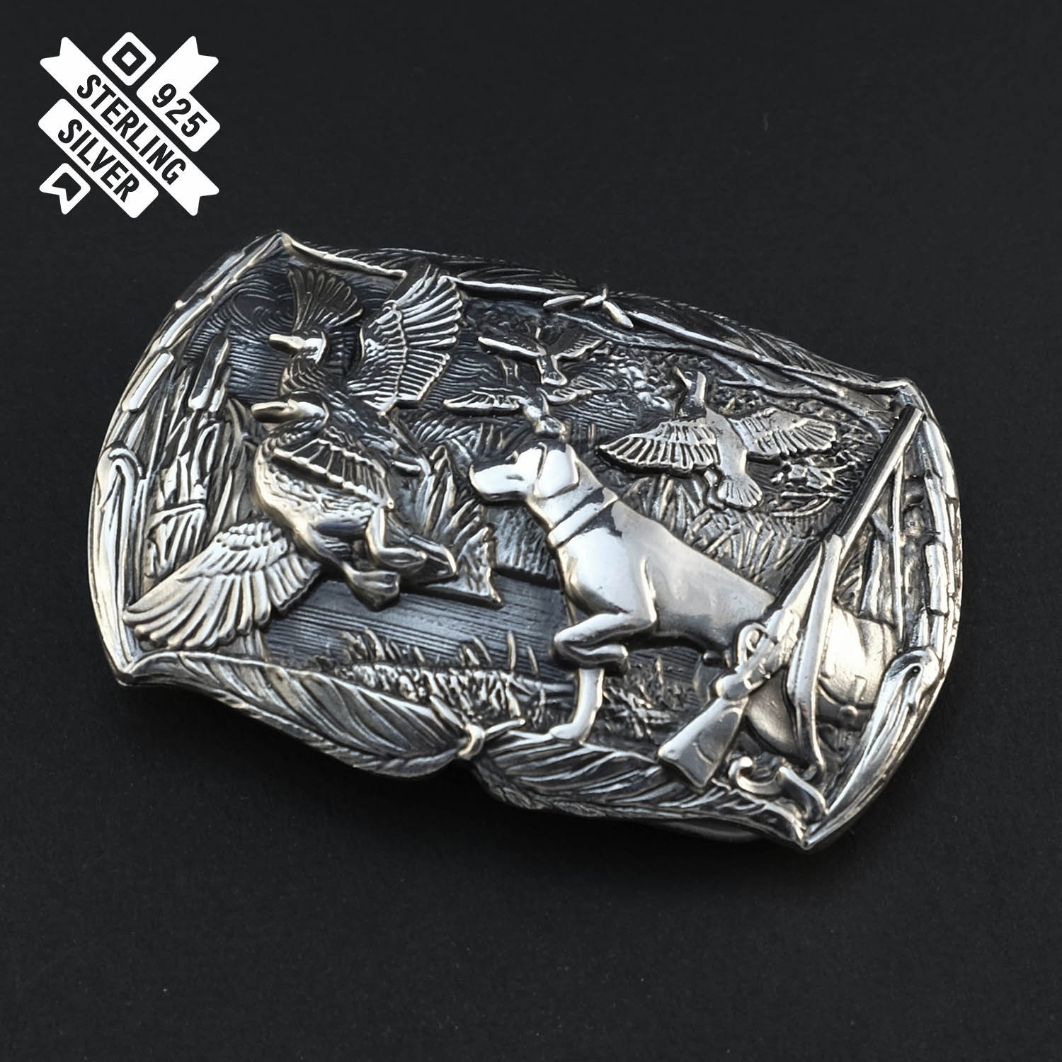 Duck Hunting Belt Buckle, Duck Hunting Season With Greyhounds Solid 925 ...