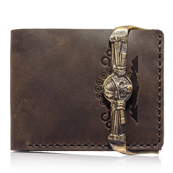 Minimalist Leather Wallet Crazy Skull With Brass Frame, Calfskin ...