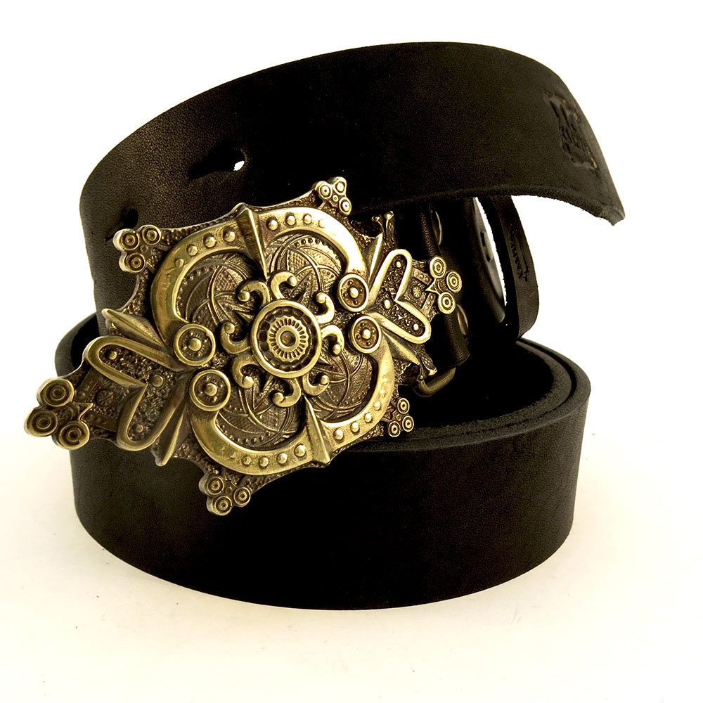 Leather Belt With Brass Buckle Blossom of Fern, Handmade Floral Design ...