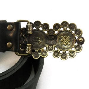 Leather Belt With Handmade Brass Buckle Double Sun, Pagan Decorative ...