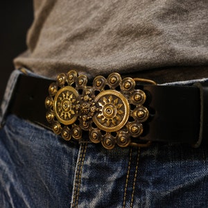 Leather Belt With Handmade Brass Buckle Double Sun, Pagan Decorative ...