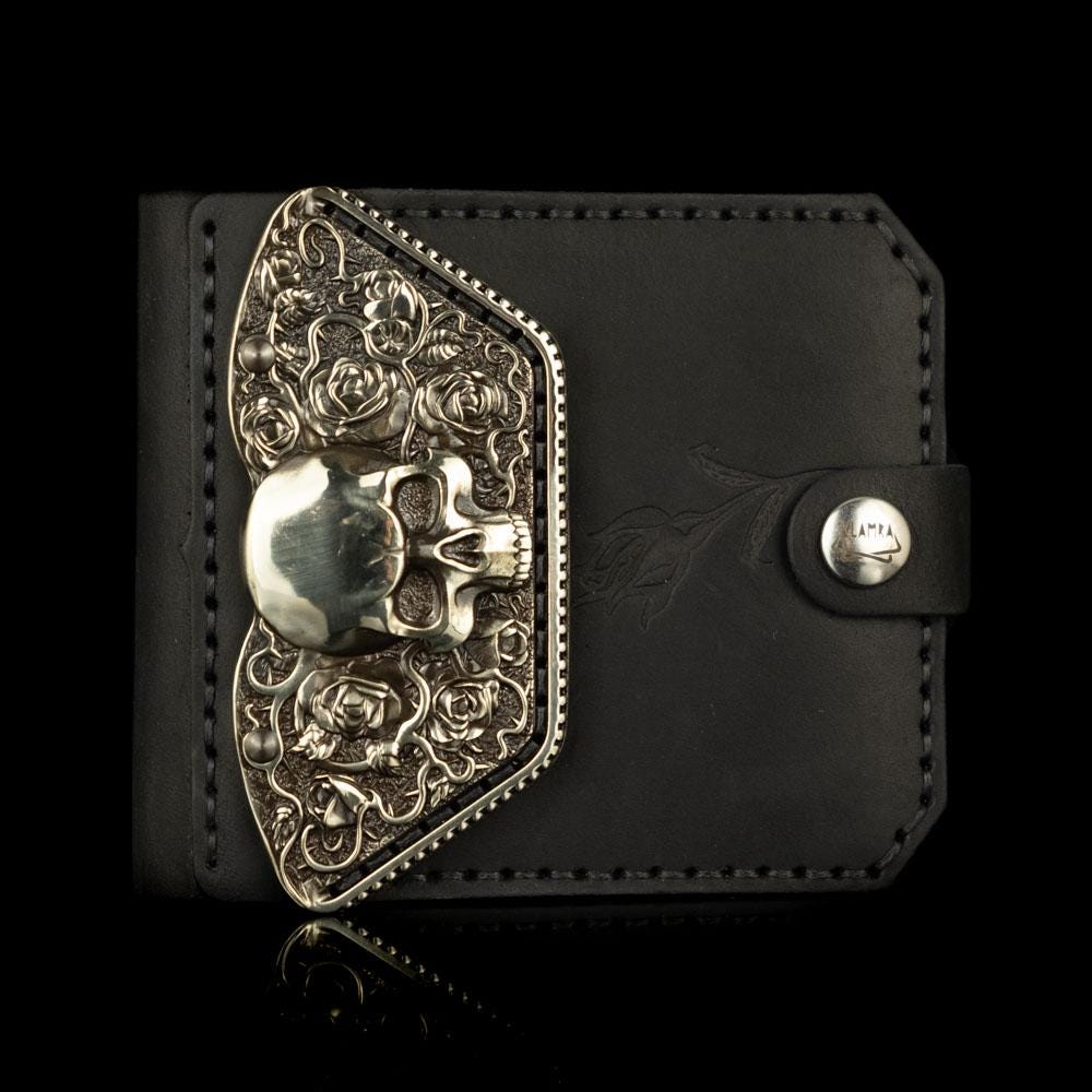 Skulls and Roses Leather Wallet With Metal Clasp, Mens Leather Wallet ...