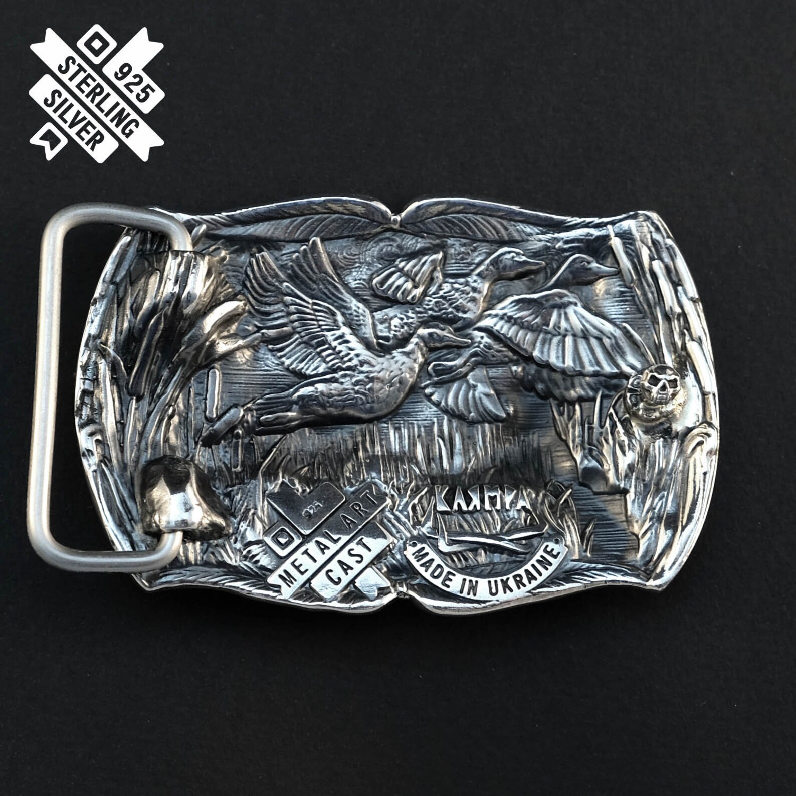 Duck Hunting Belt Buckle, Duck Hunting Season With Greyhounds Solid 925 ...