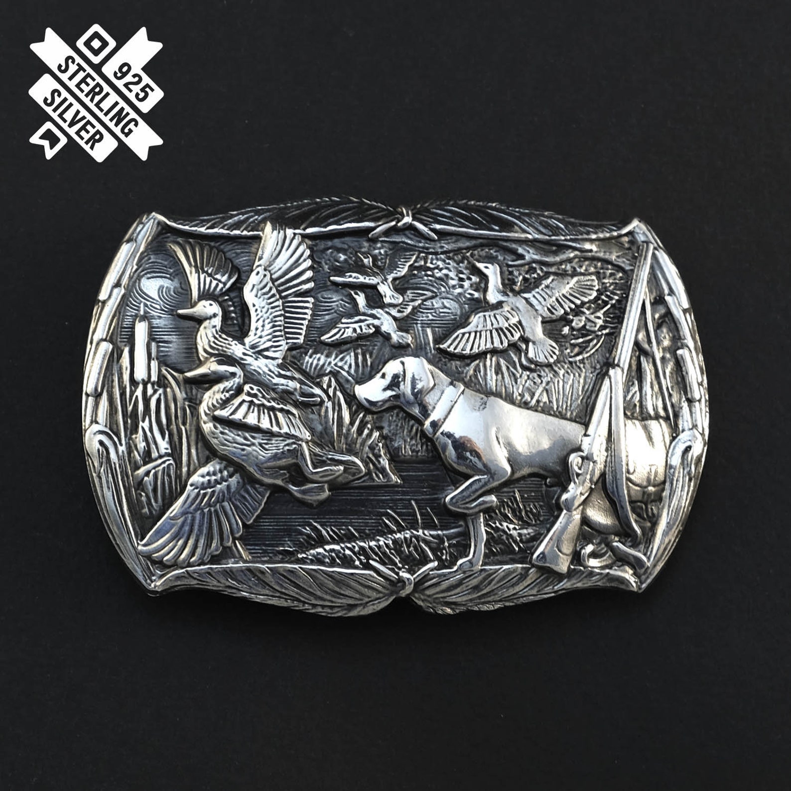Duck Hunting Belt Buckle, Duck Hunting Season With Greyhounds Solid 925 ...
