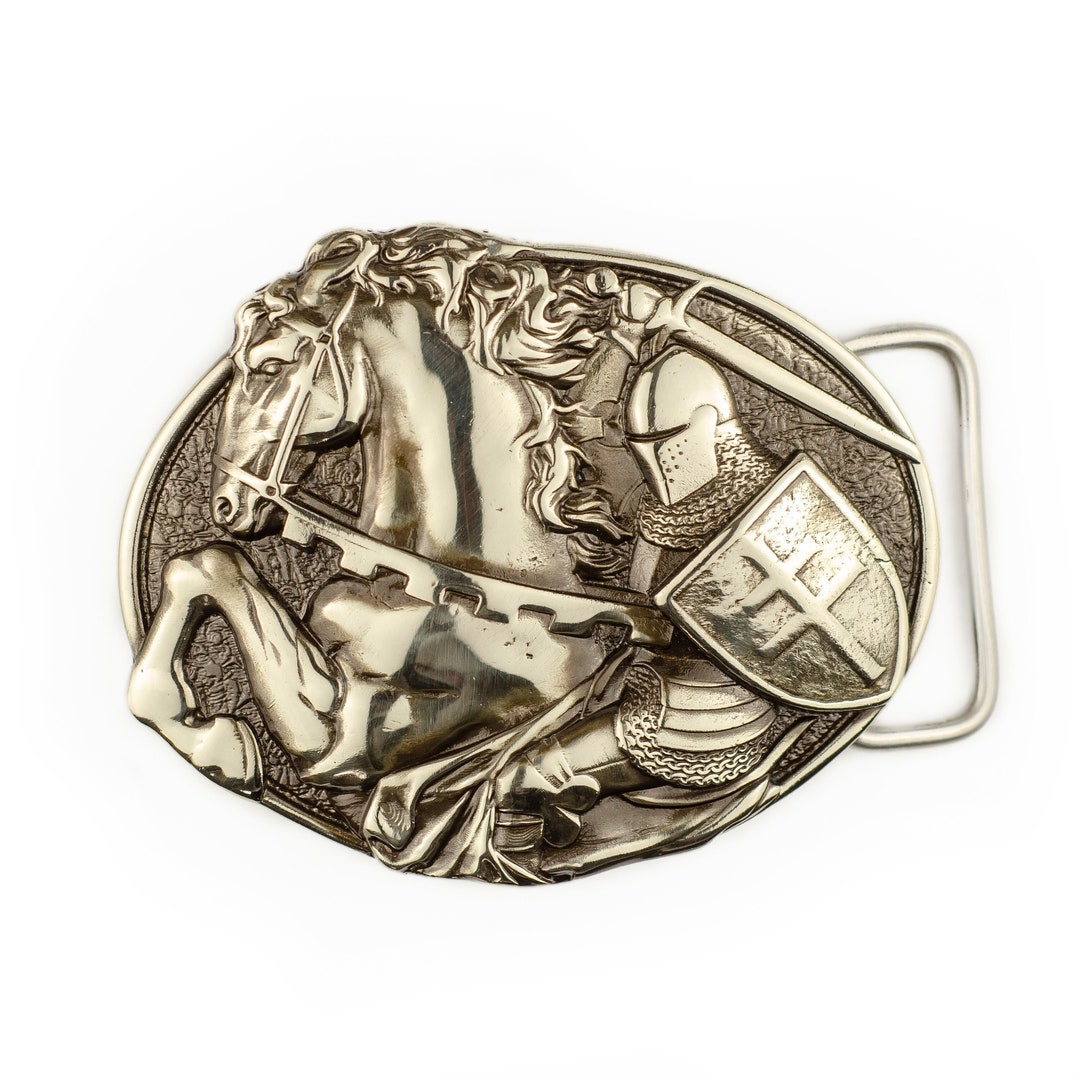 Fighting Knight German Silver Belt Buckle, Medieval Military Solid Belt ...
