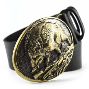 Leather Belt With Solid Brass Buckle Wild Boar Hunting, Handmade Hunter ...