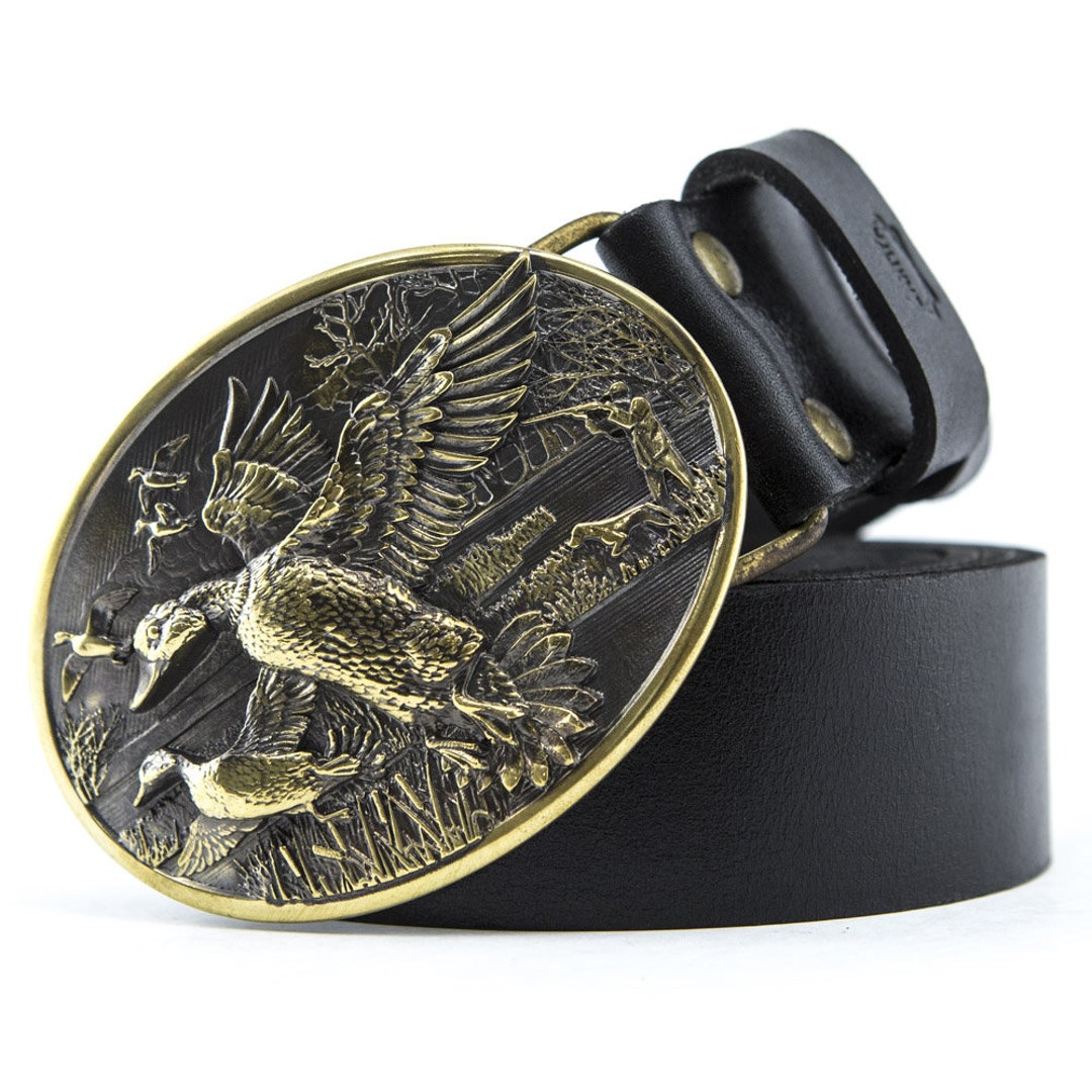 Leather Belt With Buckle Duck Hunting, Hunters Trophy Solid Belt Buckle ...