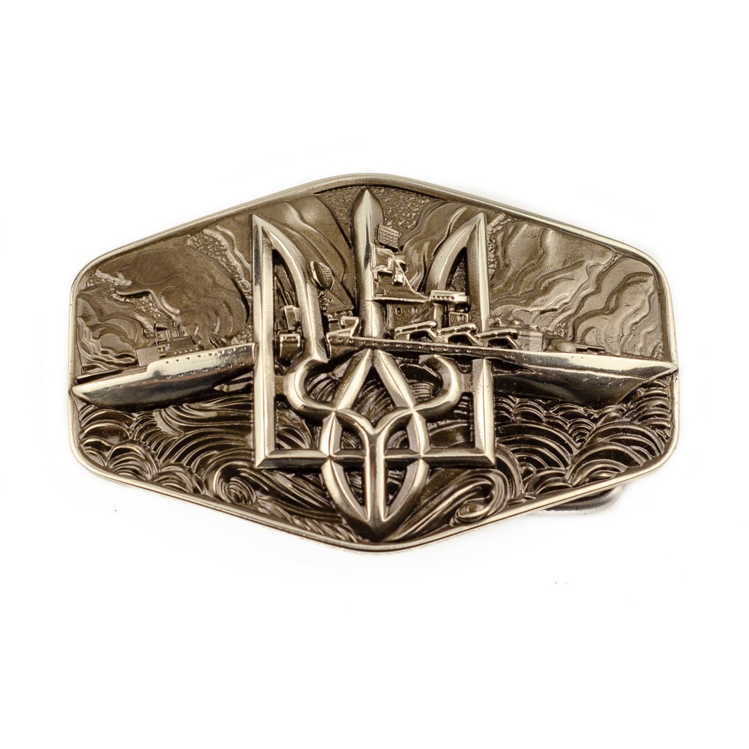 Warship Done Solid German Silver Belt Buckle, Ukrainian Trident ...
