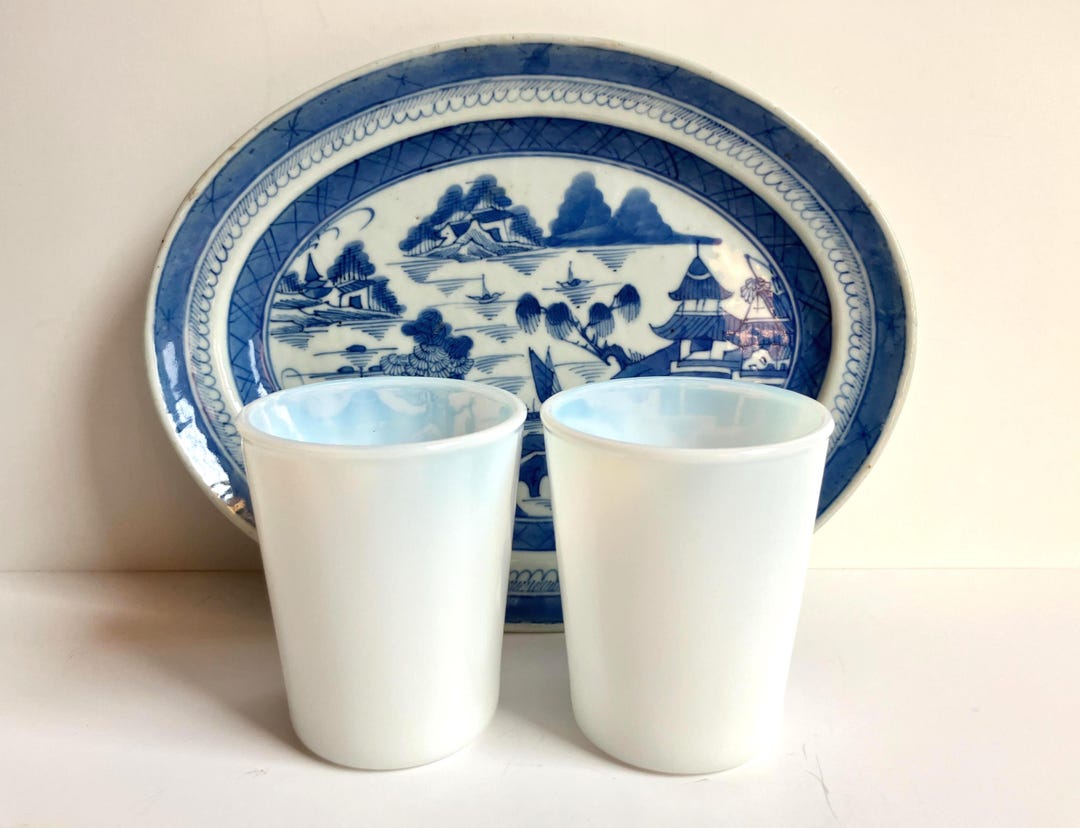 Pair of Vintage Iridescent Milk Glass Juice Glasses: 3 1/2
