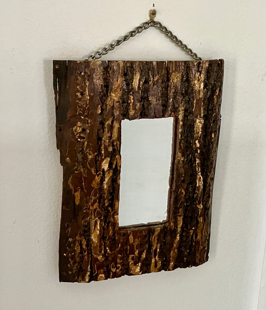 Vintage Folk Art Varnished Bark Wall Mirror With Chain Hanger, 9" X 12 ...
