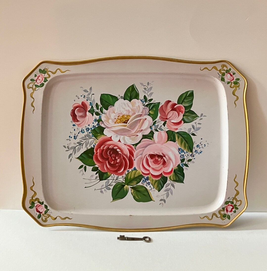 Vintage Blush Pink Hand-painted Metal Serving Tray With Roses, Ribbons ...