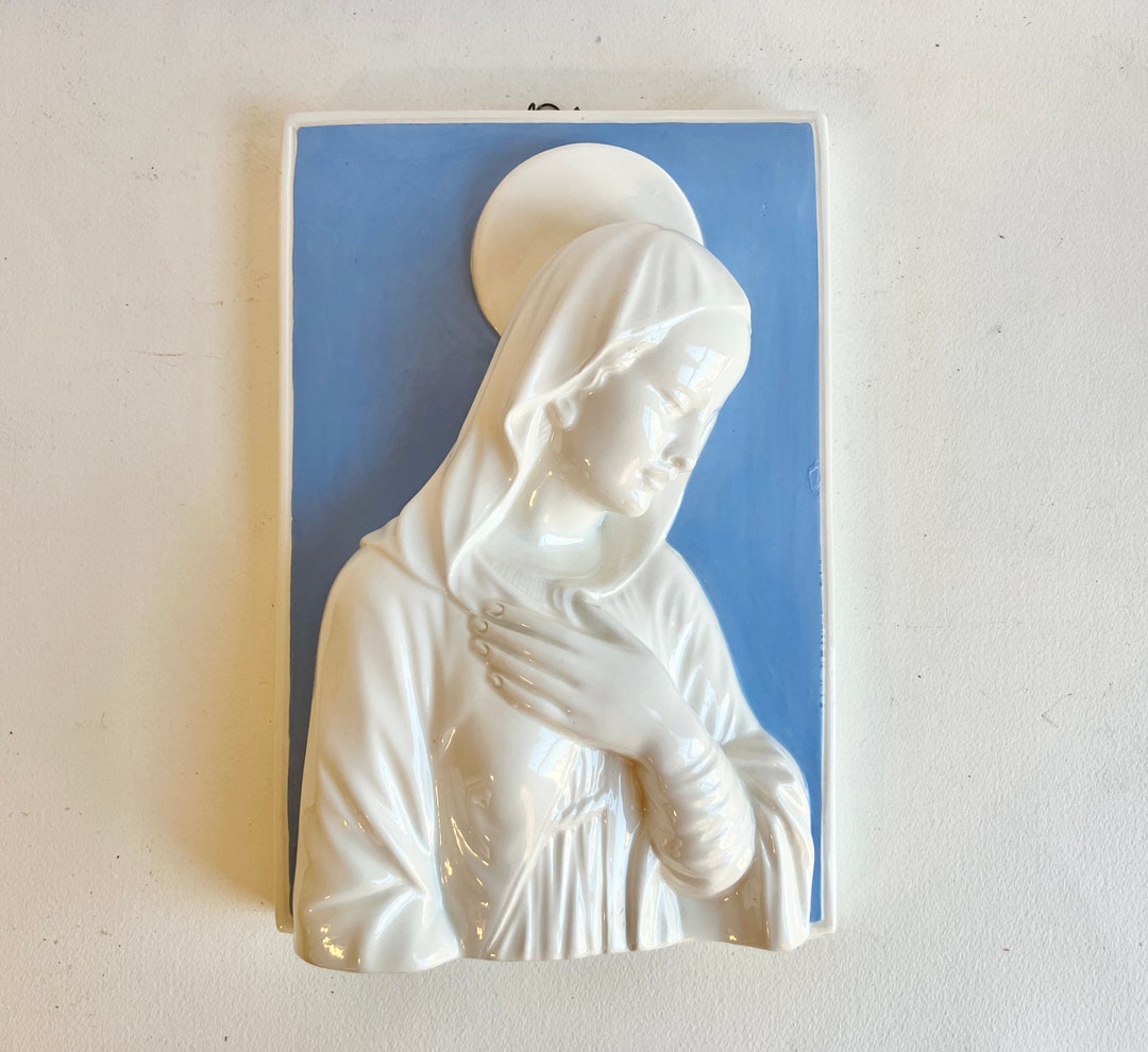 Vintage Italian Della Robbia Virgin Mary Wall Plaque, Blue and White ...